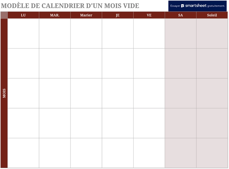Calendrier Mensuel Excel - Démarrez la Semaine avec Efficacité - modeles.fr