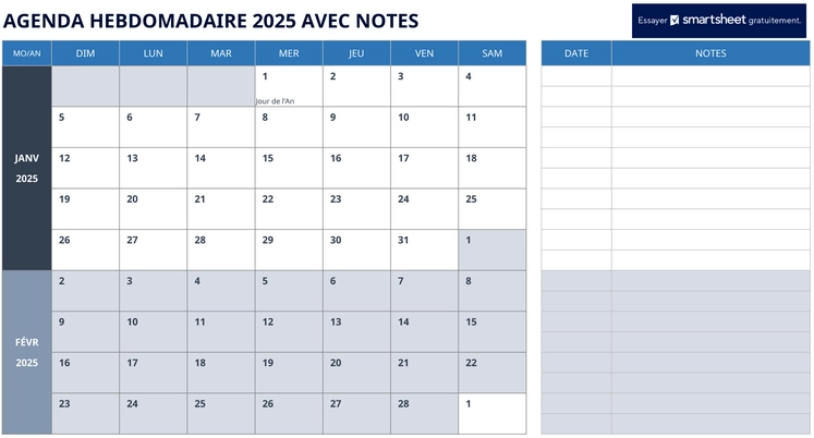 Calendrier Hebdomadaire Excel avec Notes - Planification et ...