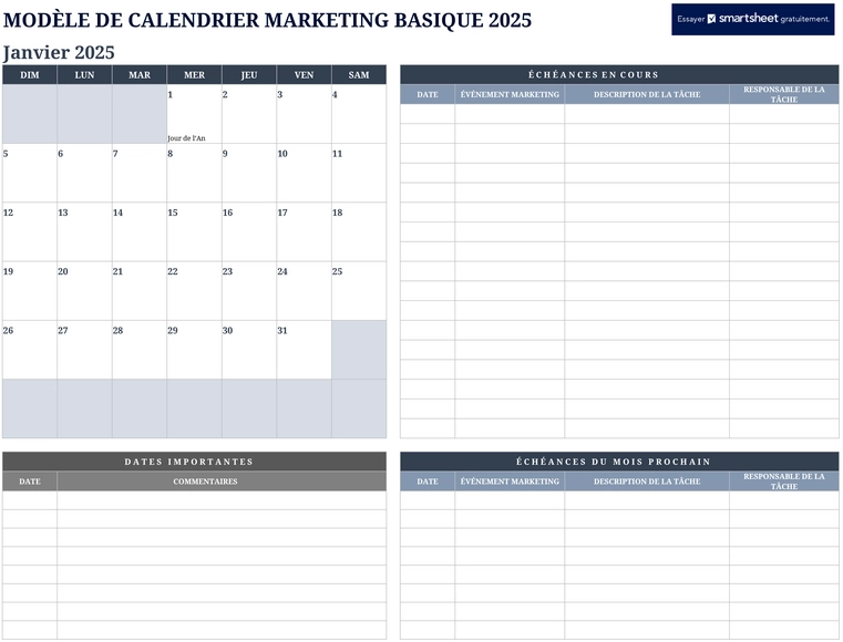 Calendrier Marketing Simple - Modèle Excel pour une Organisation ...