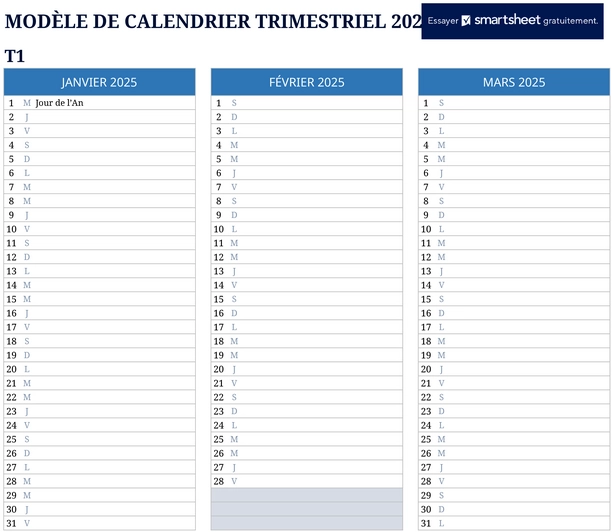 Calendrier Trimestriel Excel pour Organisation & Planification - modeles.fr