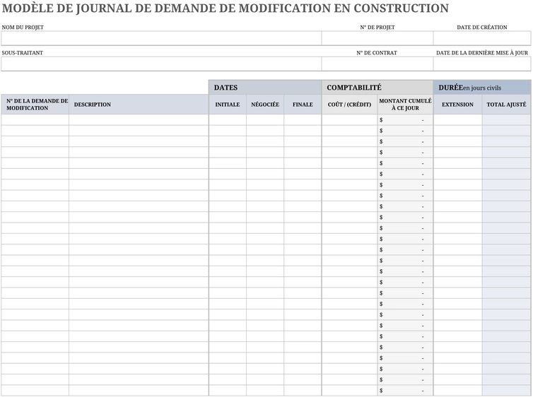Excel - Modèle de Log de Changement de Commande pour Gestion de Projet ...