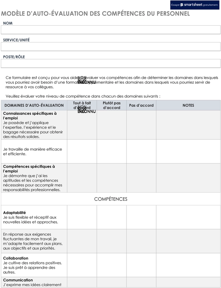 Modèle Word d'Auto-évaluation des Compétences - modeles.fr
