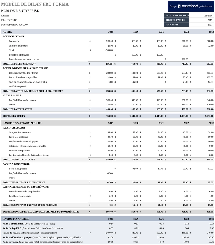 Modèle Excel de bilan simplifié pour la gestion financière - modeles.fr