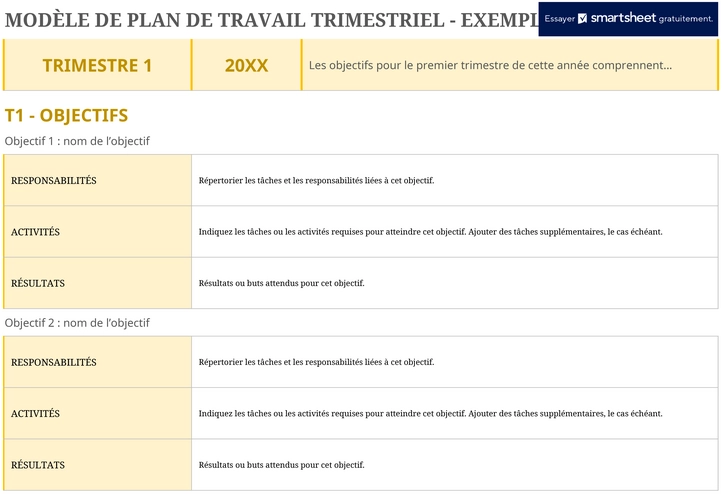 Modèle Excel de Plan de Travail Trimestriel pour la Gestion de Projet ...