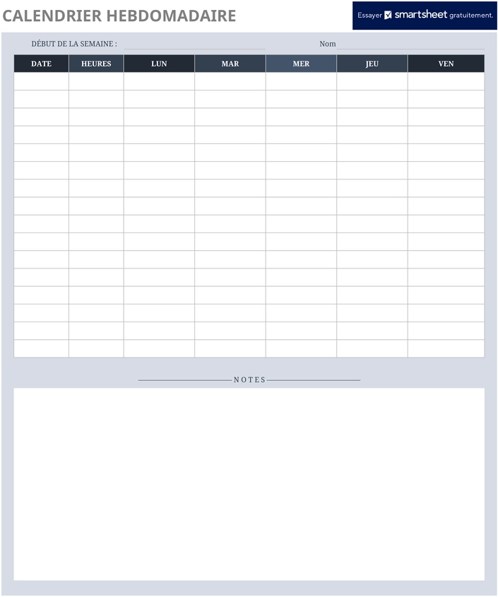Modèle Excel : Planning Hebdomadaire de Travail avec Notes - modeles.fr