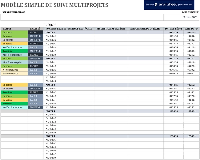Modèle Excel de Suivi de Projets Multiples - Gestion & Analyse - modeles.fr